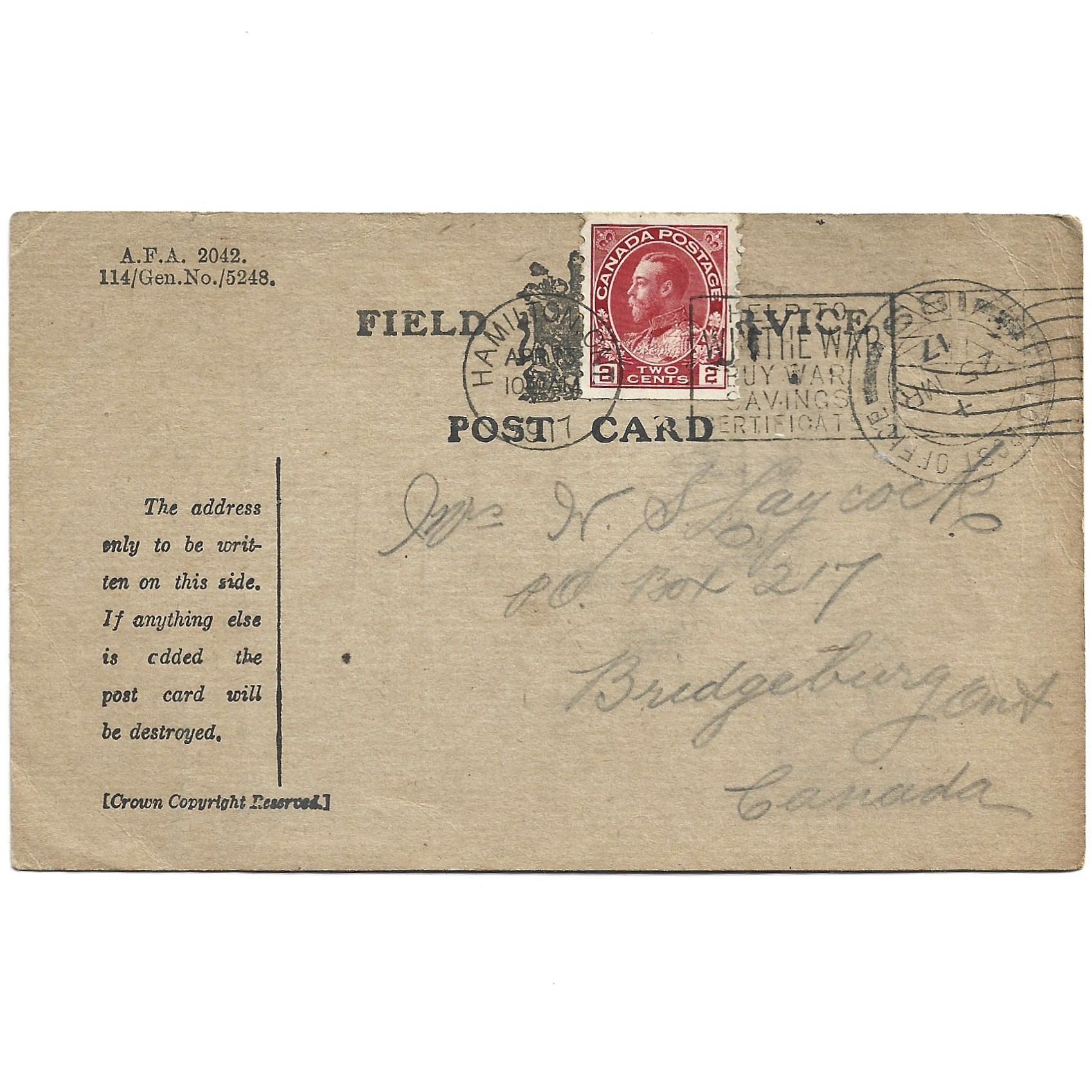 WWI Field Service Postcard - Parry's Vintage