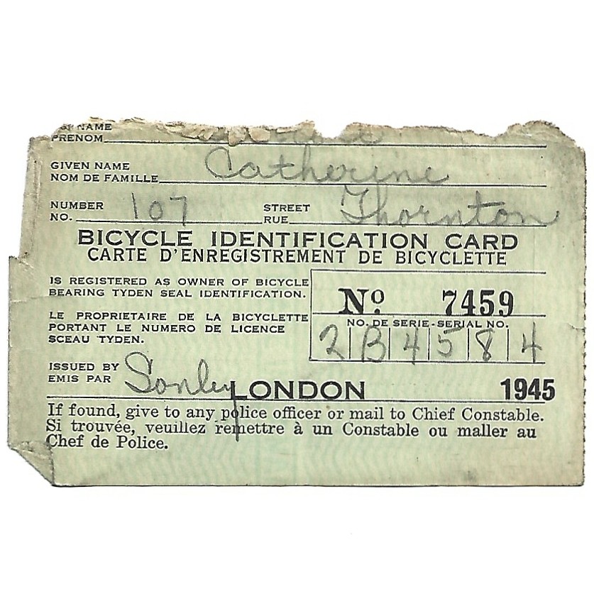 1945 Bicycle Registration Card - London - Parry's Vintage