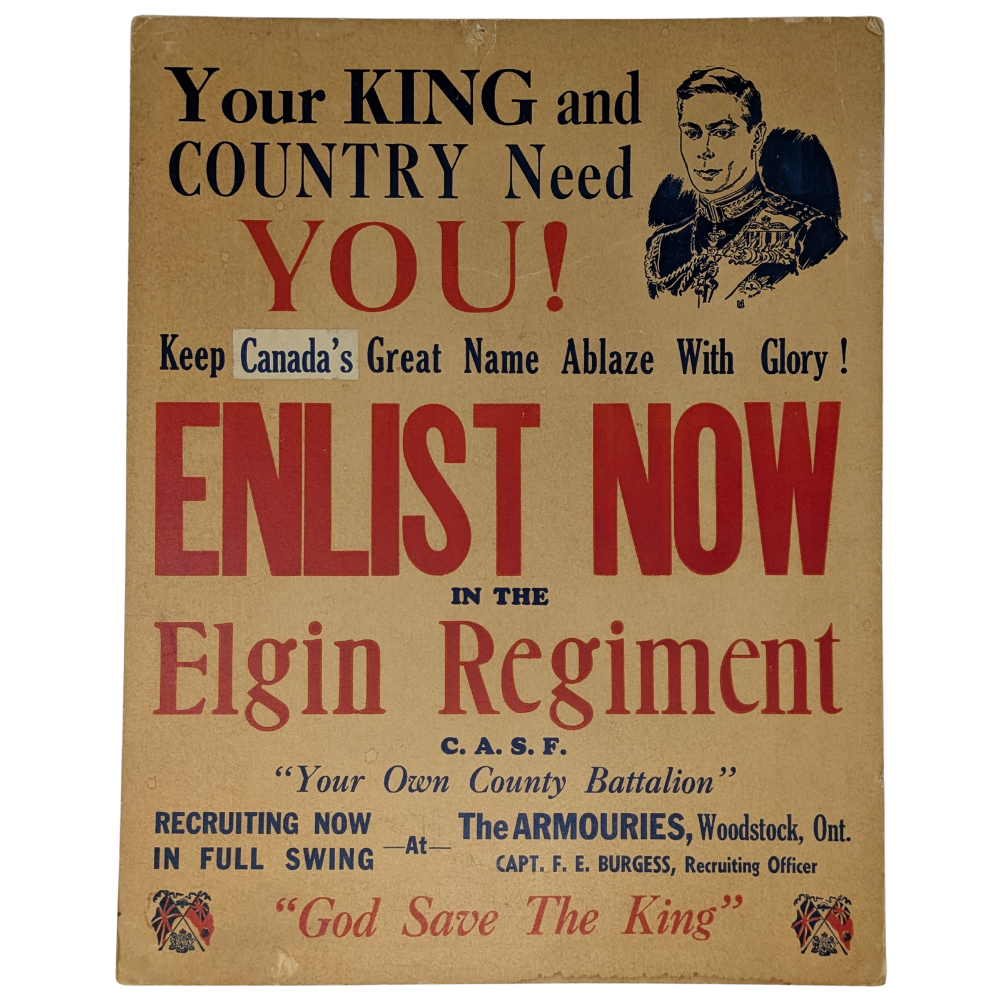 WWII Elgin Regiment Enlistment Poster - Woodstock ON - Parry's Vintage