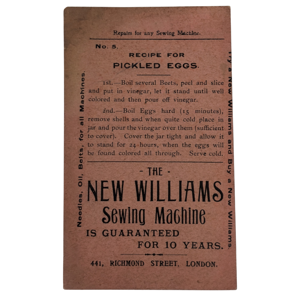 New Williams Sewing Machine Recipe Card - Parry's Vintage