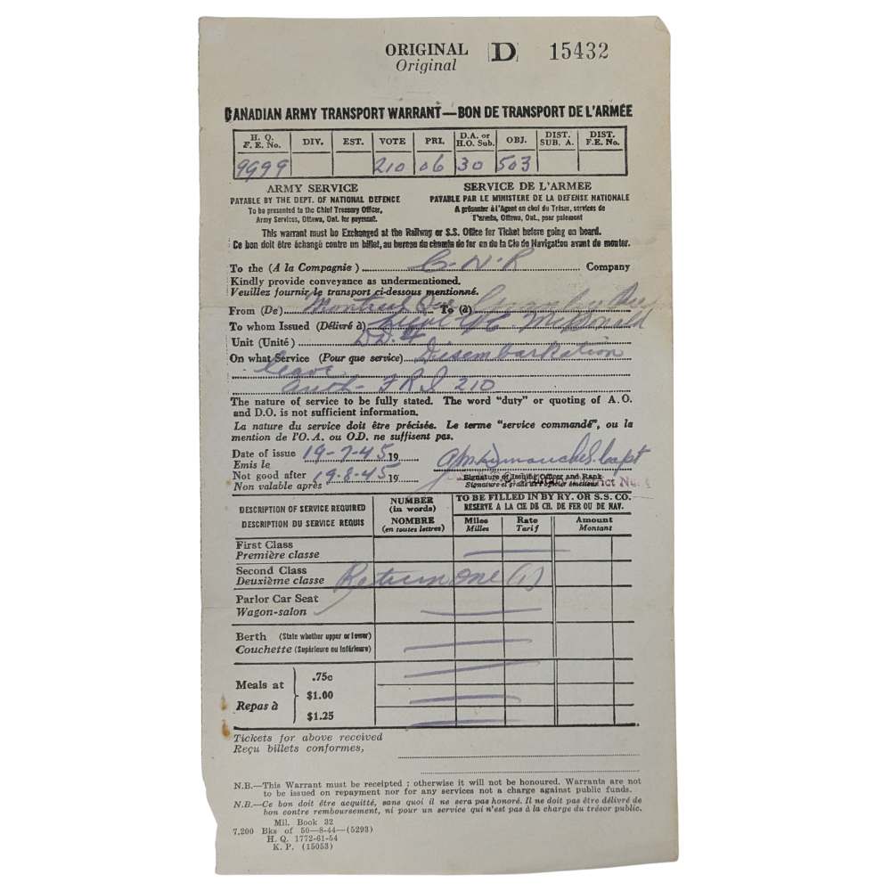 1945 Canadian Army Transport Warrant - Parry's Vintage
