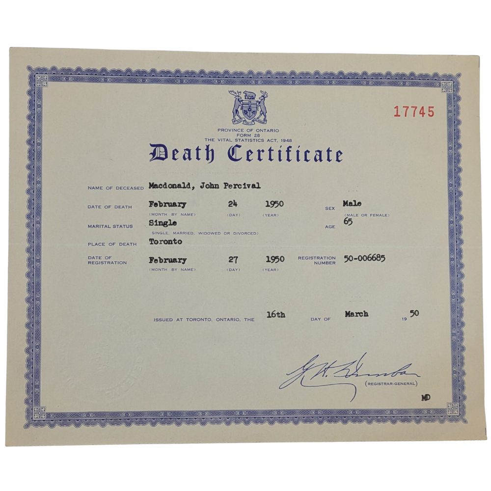 1950 Province of Ontario Death Certificate - Parry's Vintage