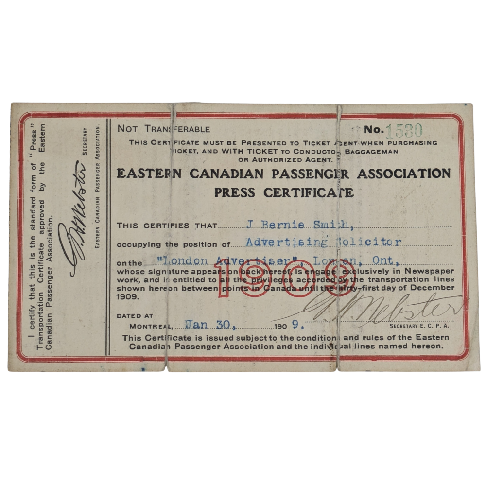 1909 Eastern Canadian Passenger Association Press Certificate - Parry's ...