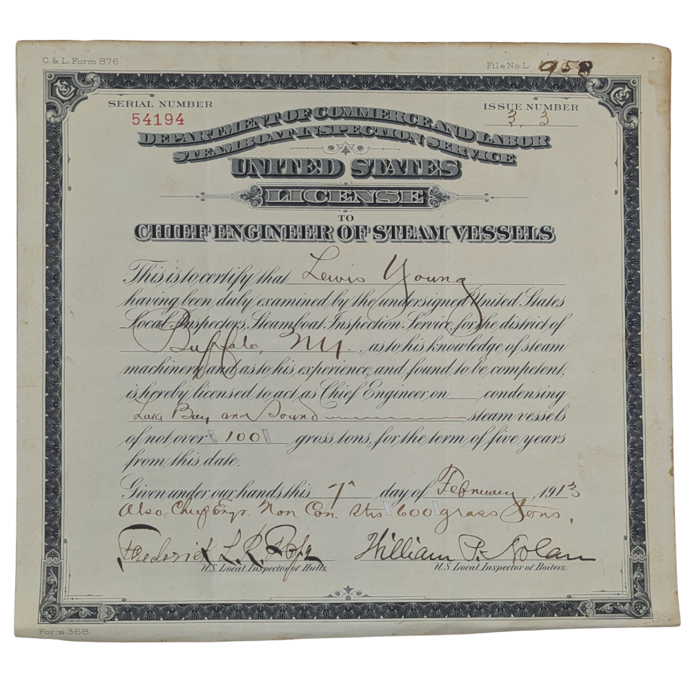 1913 U.S. License to Chief Engineer of Steam Vessel - Parry's Vintage