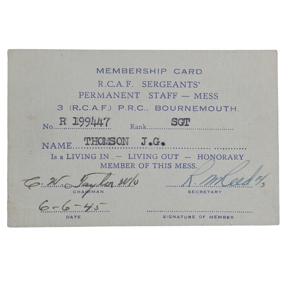 R.C.A.F. Sergeants' Permanent Staff - Mess Membership Card - Parry's ...